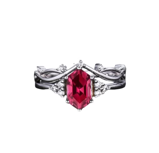 Retro hexagon Red Ruby Ring,Vintage Sterling Silver Ring Set,Unique Ruby Engagement Ring,Promise Ring,Anniversary Brial Ring Gift For Her (WHITE GOLD, 6)