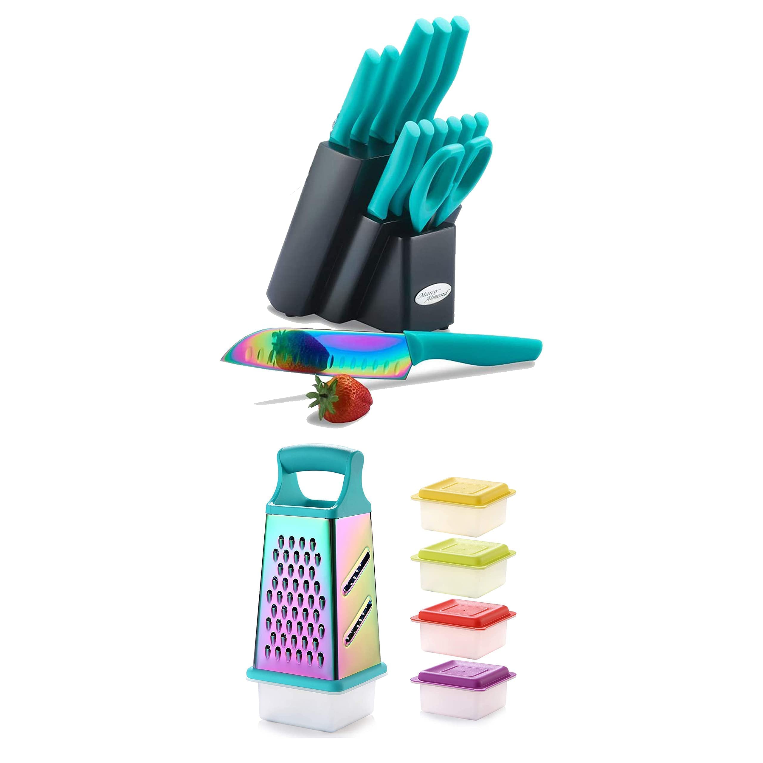 Rainbow Color Cutlery Knife Set, Marco Almond KYA27 Kitchen Knives Set with Wooden Block Plugs Professional Rainbow Color Box Grater,Stainless Steel Grater Slicer 5 PCS Set