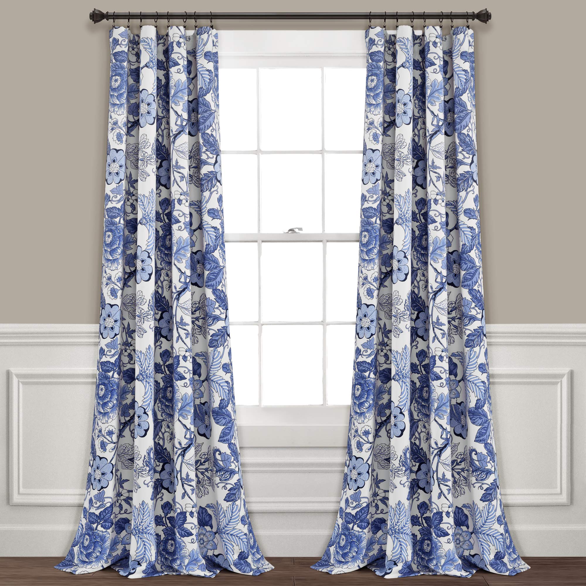 Lush Decor Sydney Light Filtering Window Curtain Panels, Pair, 52" W x 95" L, Navy & White - Botanical Garden - Country Cottage Home Decor - Floral Curtains for Bedroom, Living Room, & Dining Room