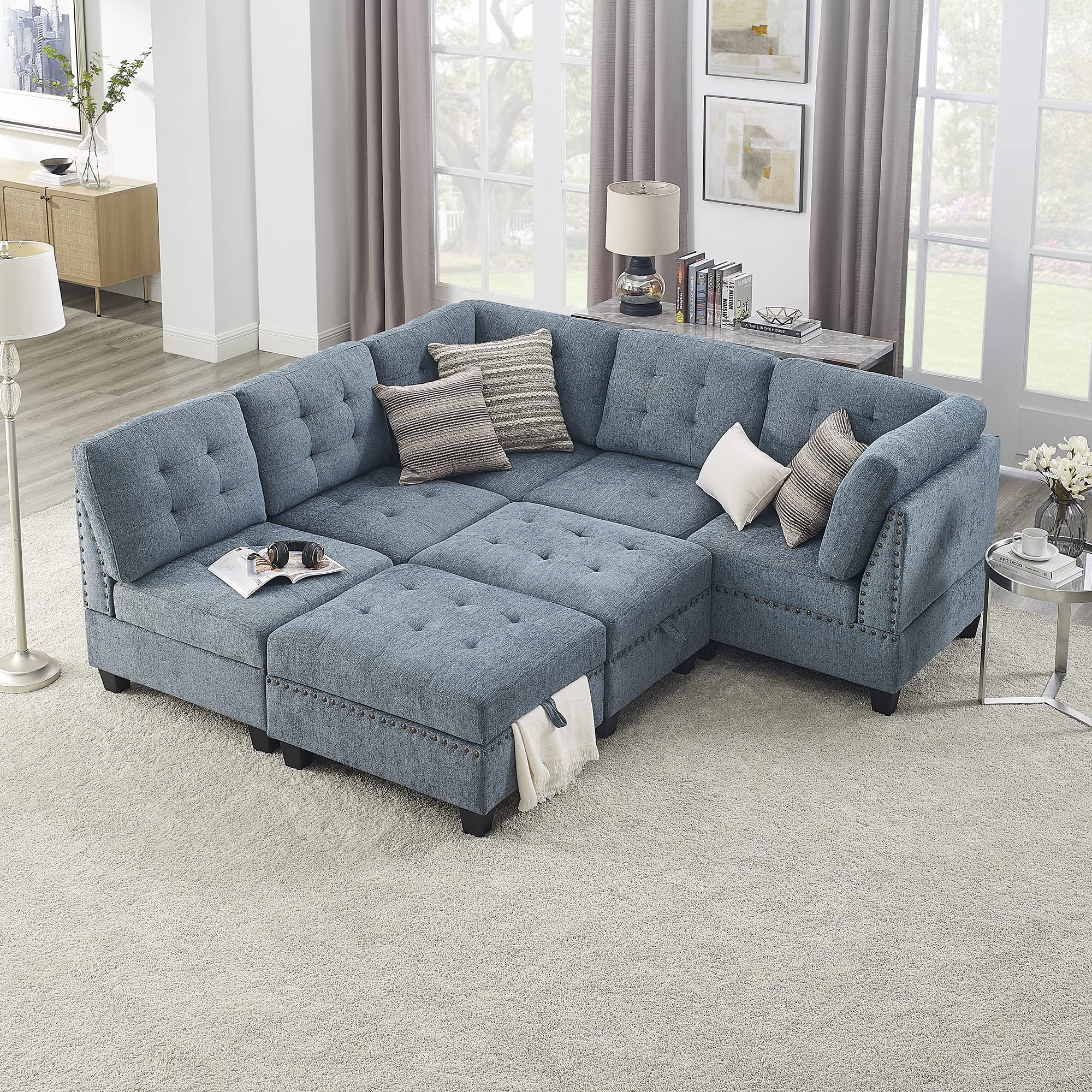 Melpomene 116'' Chenille L Shape Sectional Sofa with Storage Function and DIY Combination, Rivet Living Room Furniture Sets IncludesThree Single Chair Two Corner and Two Ottoman,Blue