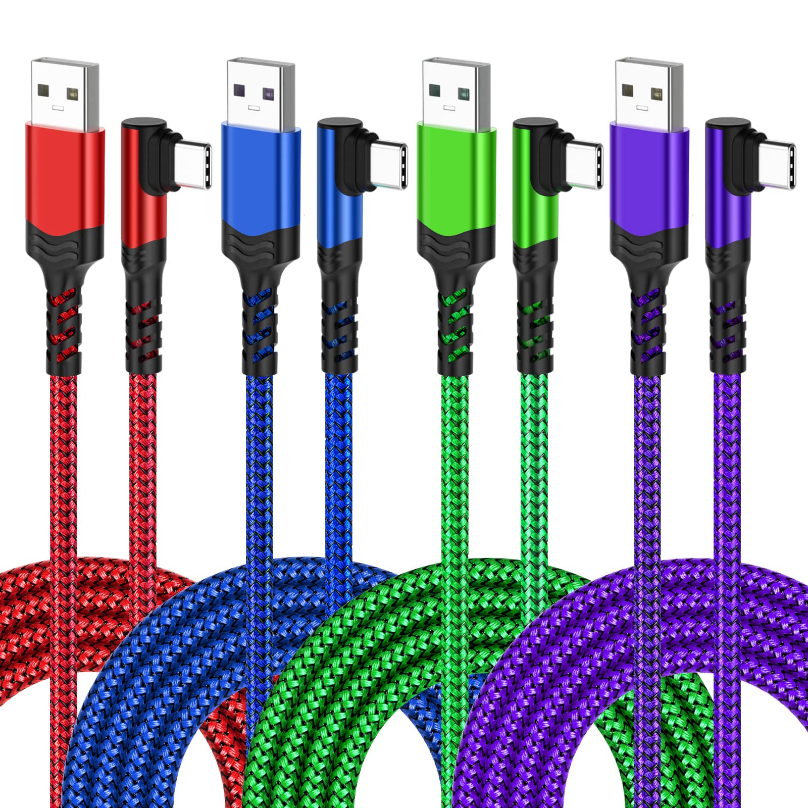 USB C Cable 10Ft, Agtray 4-Pack Long Braided USB a to USB c 90 Degree Plug Type C Right Angle Fast Charging Cord Compatible for Samsung Galaxy S23 S22 S21 S20 Note20, Pixel 7 6 (Red Blue Purple Green)