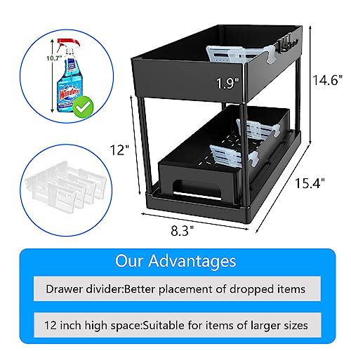 MZHSMZHR Bathroom Under Sink Organizers and Storage,Under Cabinet Organizer Kitchen, 2 Pack 2 Tier Under Counter Storage Shelves with Sliding Pull Out Drawer and Dividers, Black