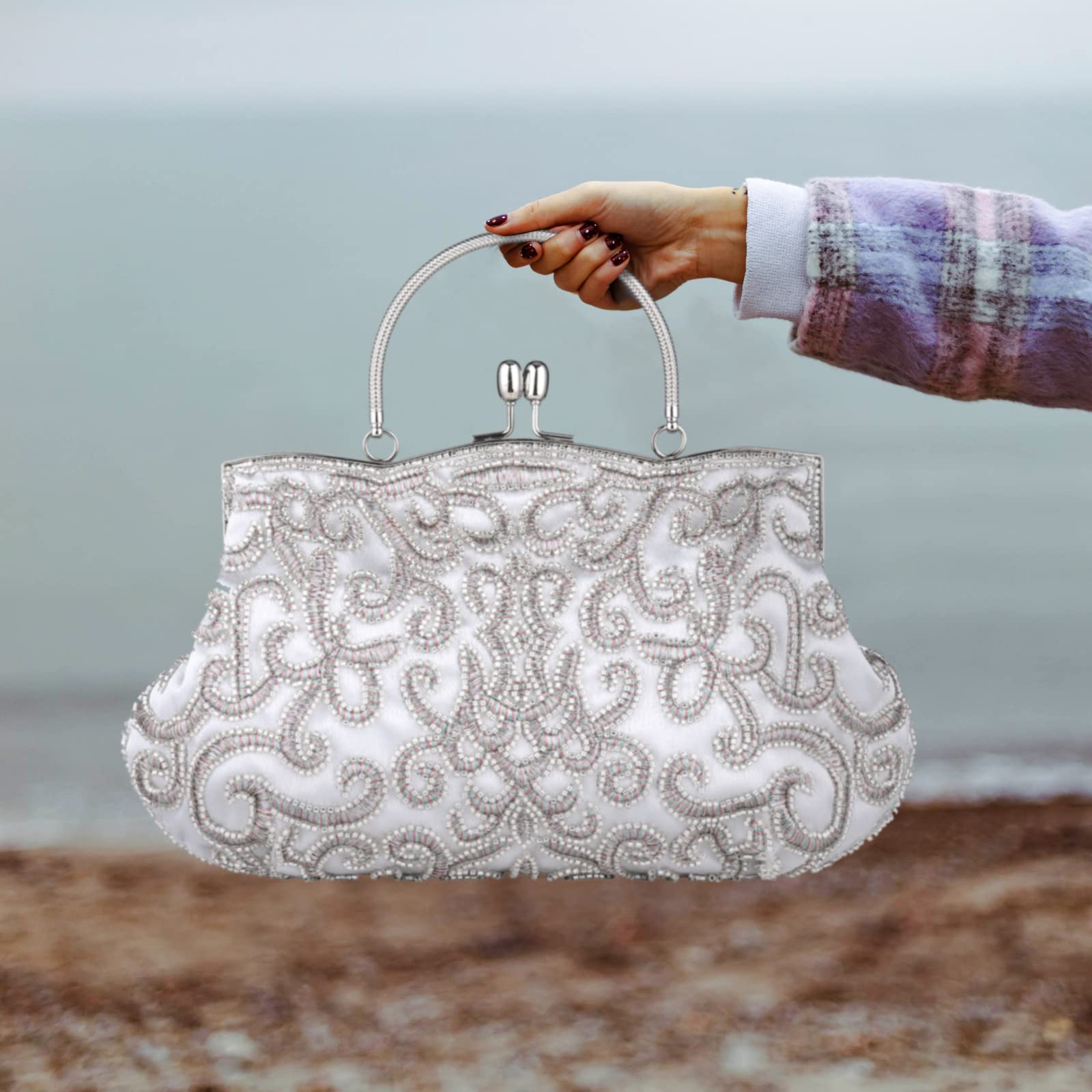 Rkrouco Women's Embroidery Beaded Sequin Evening Clutch 1920s Vintage Handbag Suitable for Wedding Party Purse. (Silver)