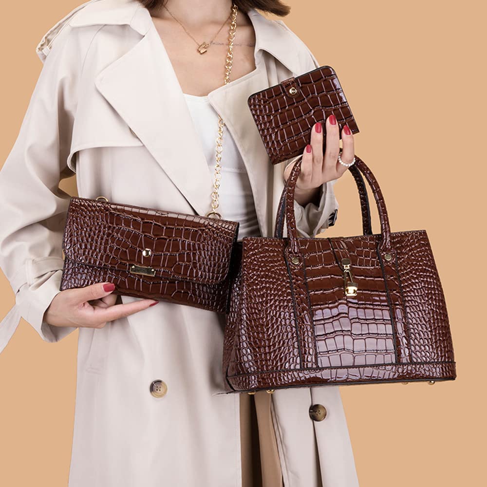 Retro Messenger Lock Bag Fashion Shoulder Handbags Three-piece Bags Crocodile Pattern Purses Female Top Handle Tote (Brown)