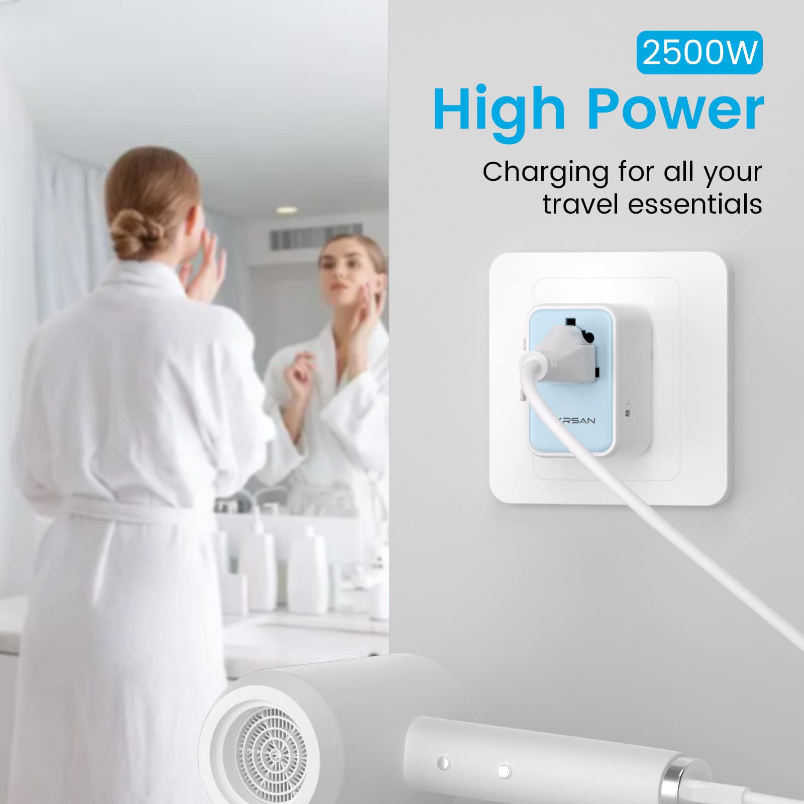 Universal Travel Adapter 65W GaN, SKRSAN 2USB-A and 3USB-C International Plug Adapter for UK/EU/AU/US Worldwide, Plug Wall Charger Compatible with Laptops, iPad, iPhone and More