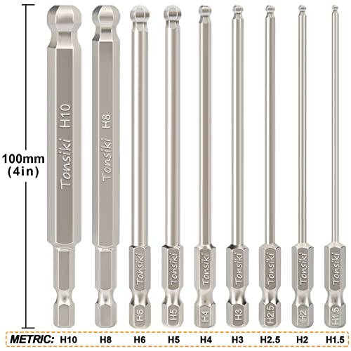Tonsiki 9PCS Ball End Hex Head Allen Wrench Drill Bit Set, Metric S2 Steel Hex Bits Set, 1/4" Hex Shank Magnetic Screwdriver Bit Set for Assembling Furniture, 4'' Long - 1.5/2/2.5/3/4/5/6/8/10mm