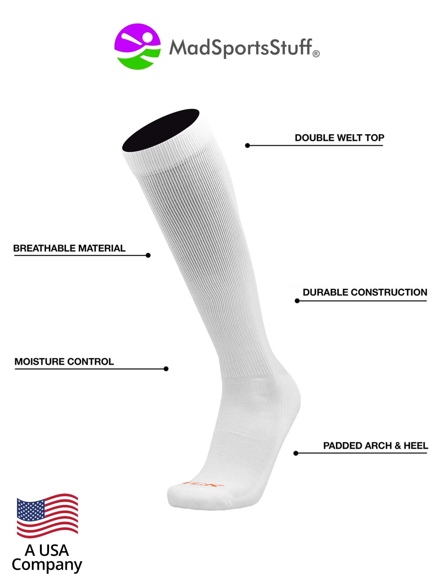 MadSportsStuff Pro Line Over the Calf Baseball Socks (White, Large)