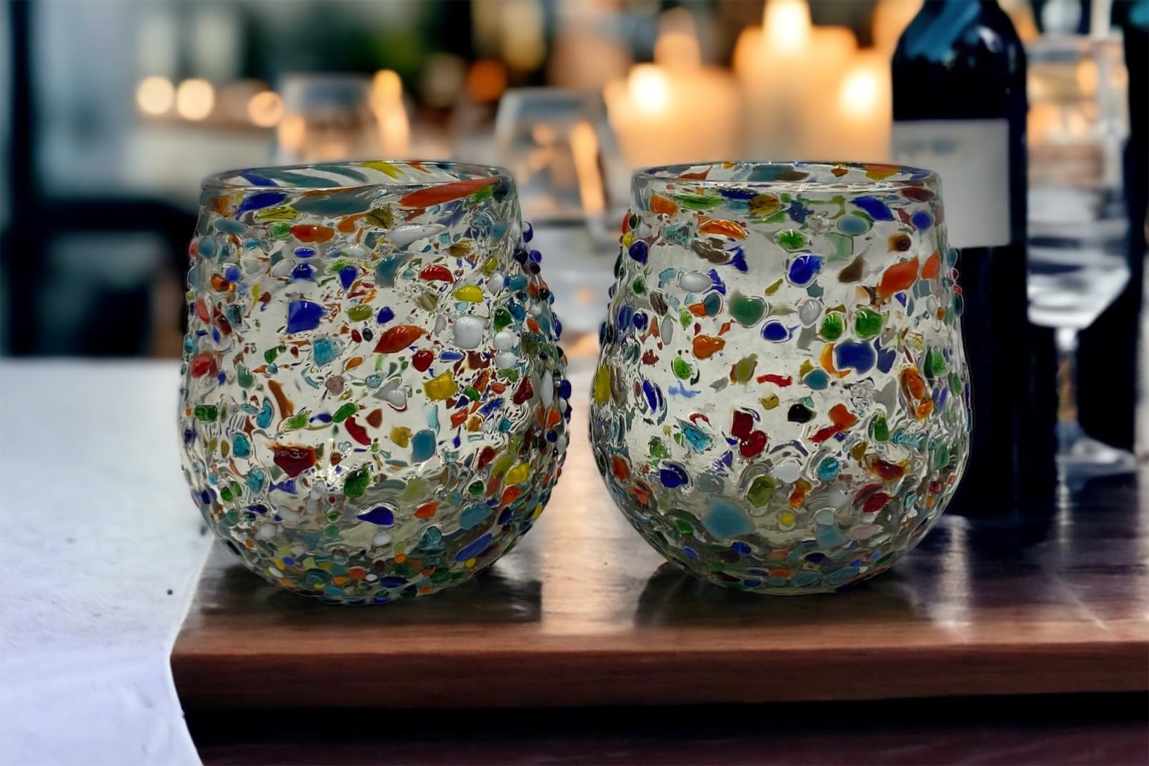 Mexican Confetti Rock Wine Glasses - Set of 2 | Hand Blown 18oz Stemless Glassware