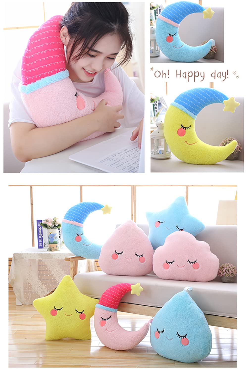unlockgift Moon Shaped Pillows Plush Star Cloud Water Drops Cute Throw Pillows for Bedroom/Play Room/Nursery Decoration-Pink-Cloud