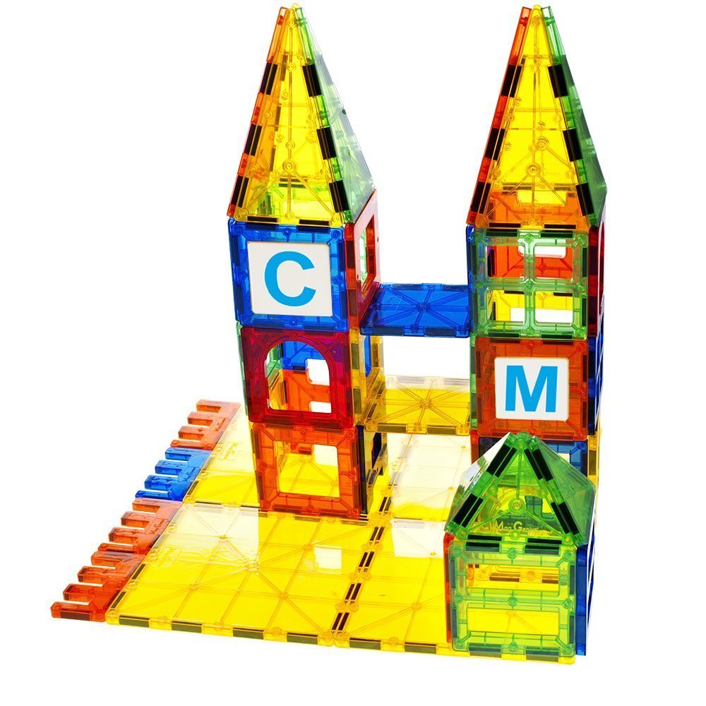 Mag Genius Magnet Tiles - Clear Magnetic 3D Building Blocks - Educational Toys, Games, Activities, Puzzles - Creativity, Motor Skills, Learning Shapes - Storage Bin, 2 Car Base, 120pcs, 13 Click-Ins