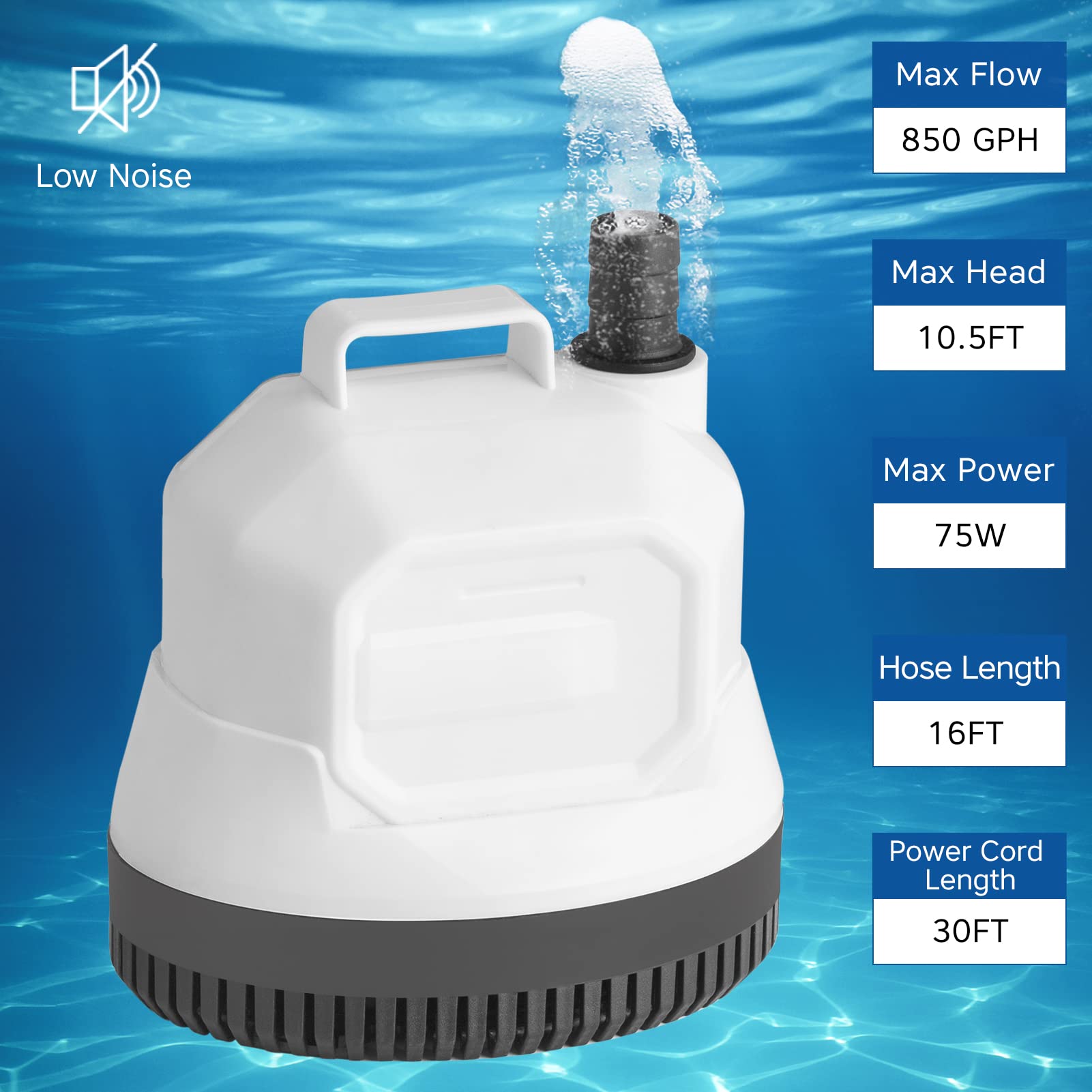 XJX Pool Cover Pump Above Ground, 850 GPH Submersible Water Pump with 16 Ft Drainage Hose Sump Pump Submersible with 30 Ft Power Cord, 4 Adapter