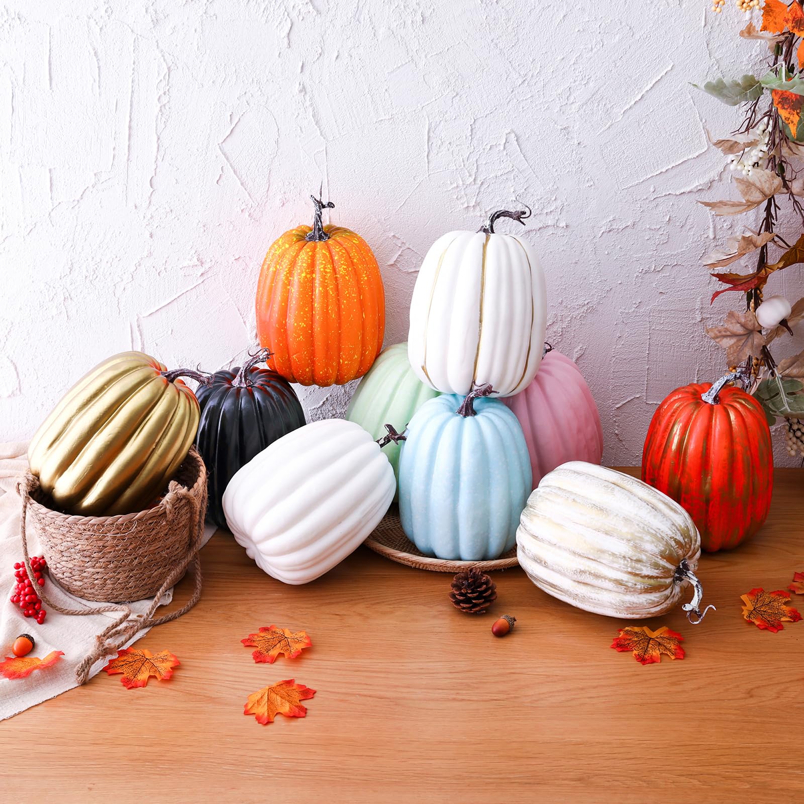 Lucakuins 8 Inch Large Artificial Pumpkins DIY White Decorative Foam Pumpkins Cute Fake Pumpkins for Hallween Autumn Harvest Home Decorations (White Gold Wire, 8 in)
