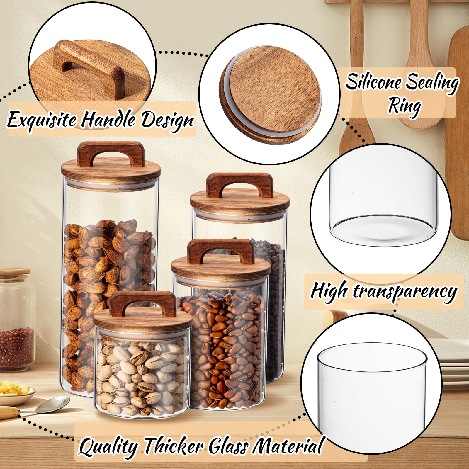 Layhit 4 Pcs Glass Food Storage Jars with Airtight Wood Lid Clear Storage Jars Containers with Stickers Marker for Candy, Cookie, Rice, Sugar, Flour, Pasta, Nuts, 4 Size