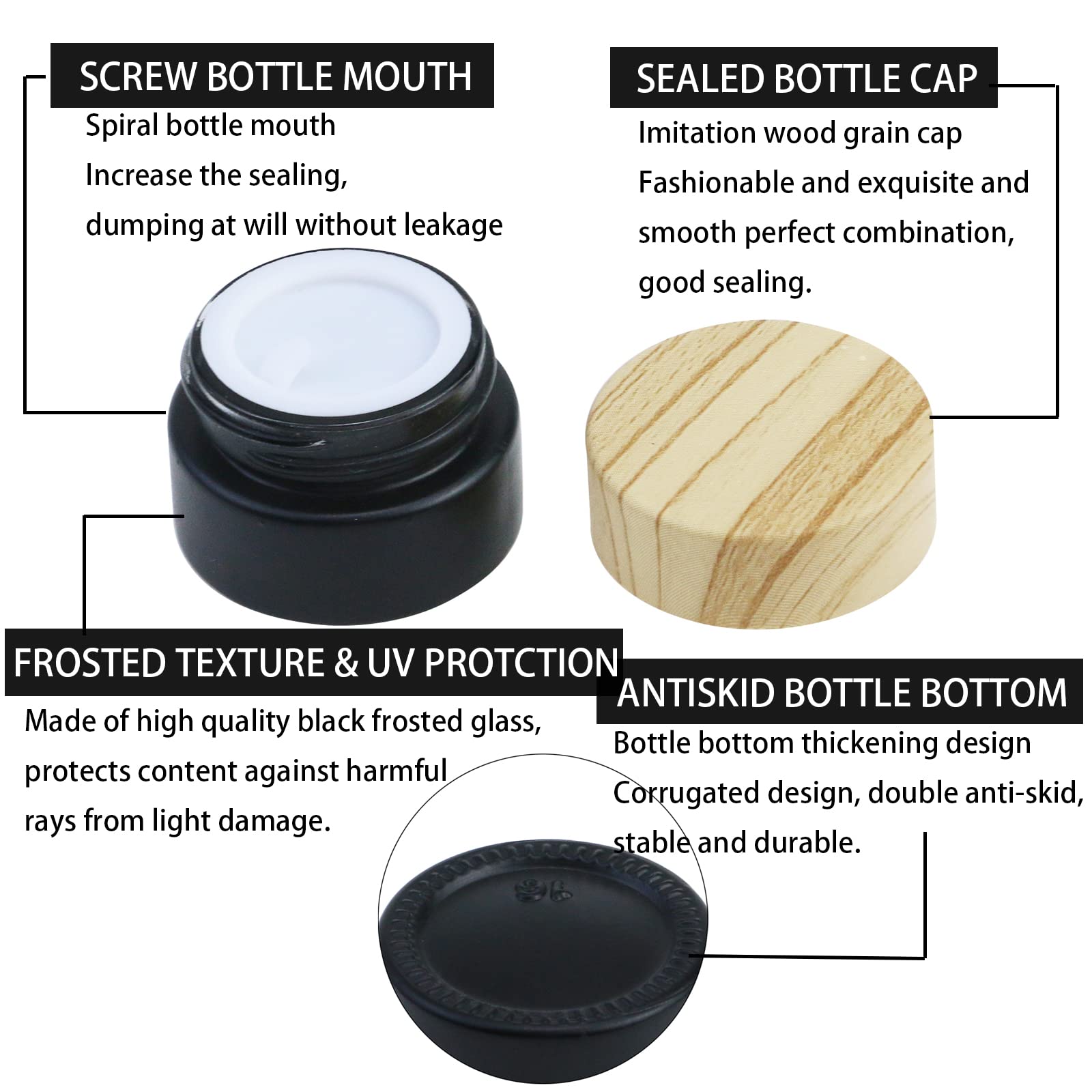 Tighall Small Empty Black Glass Cosmetic Containers with Lids Round Frosted Travel Jars with Inner Liners Sample Jars Refillable Cosmetic Container Bottles for Lotions Sample Eye Creams (3 PACK, 15g)