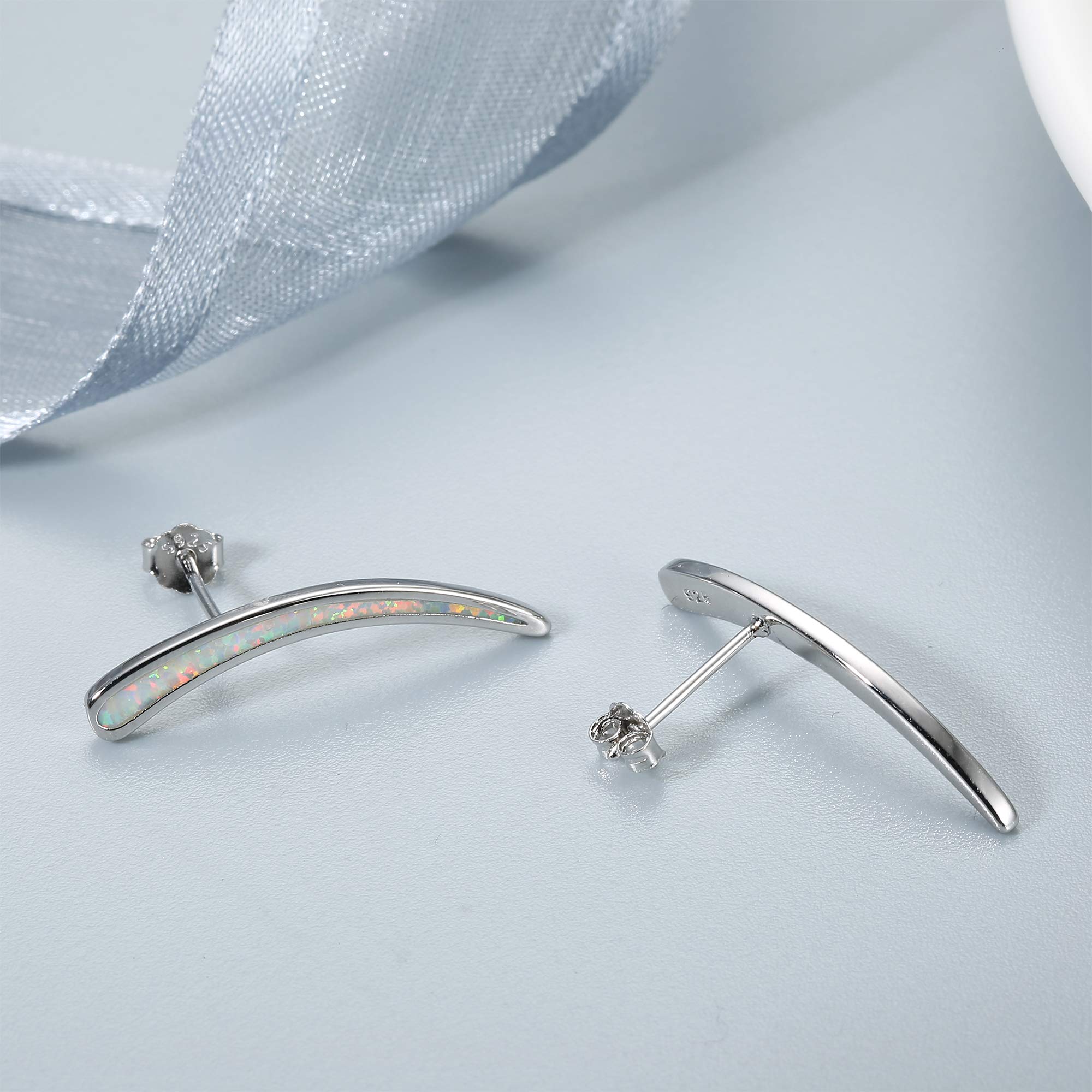 Milacolato Opal Ear Cuff Earrings 925 Sterling Silver Created Fire Opal Bar Crawler Climber Earrings Jewelry Gifts for Women, White