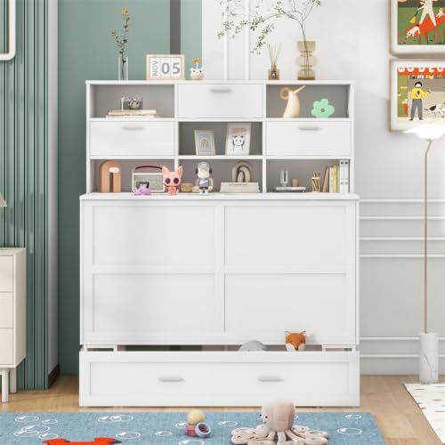 Lekaywe Murphy Bed Queen Size,with Bookcase, Bedside Shelves and a Big Drawer, for Bedroom,White