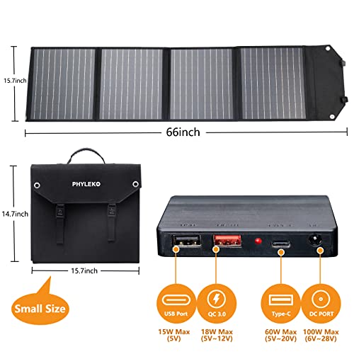 PHYLEKO Solar Panels,100W 18V Portable Solar Panel,IP67 Waterproof Solar Panel Charger for Camping, Foldable Solar Panel Monocrystalline USB Solar Charger for Power Station,Generator,iPhone,Camping