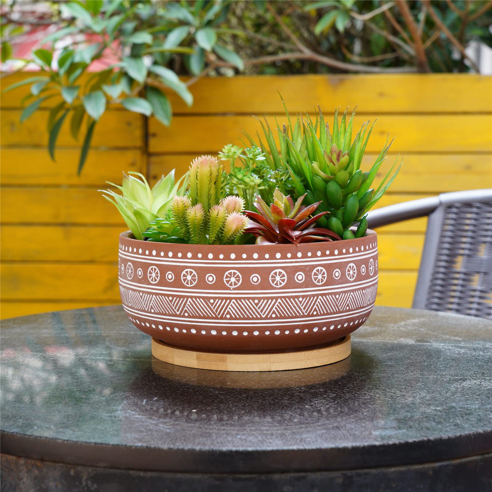 Thirtypot 8 Inch Terracotta Succulent Planter Pot with Drainage Hole and Bamboo Tray, Round Shallow Bonsai Pot for Indoor Plants