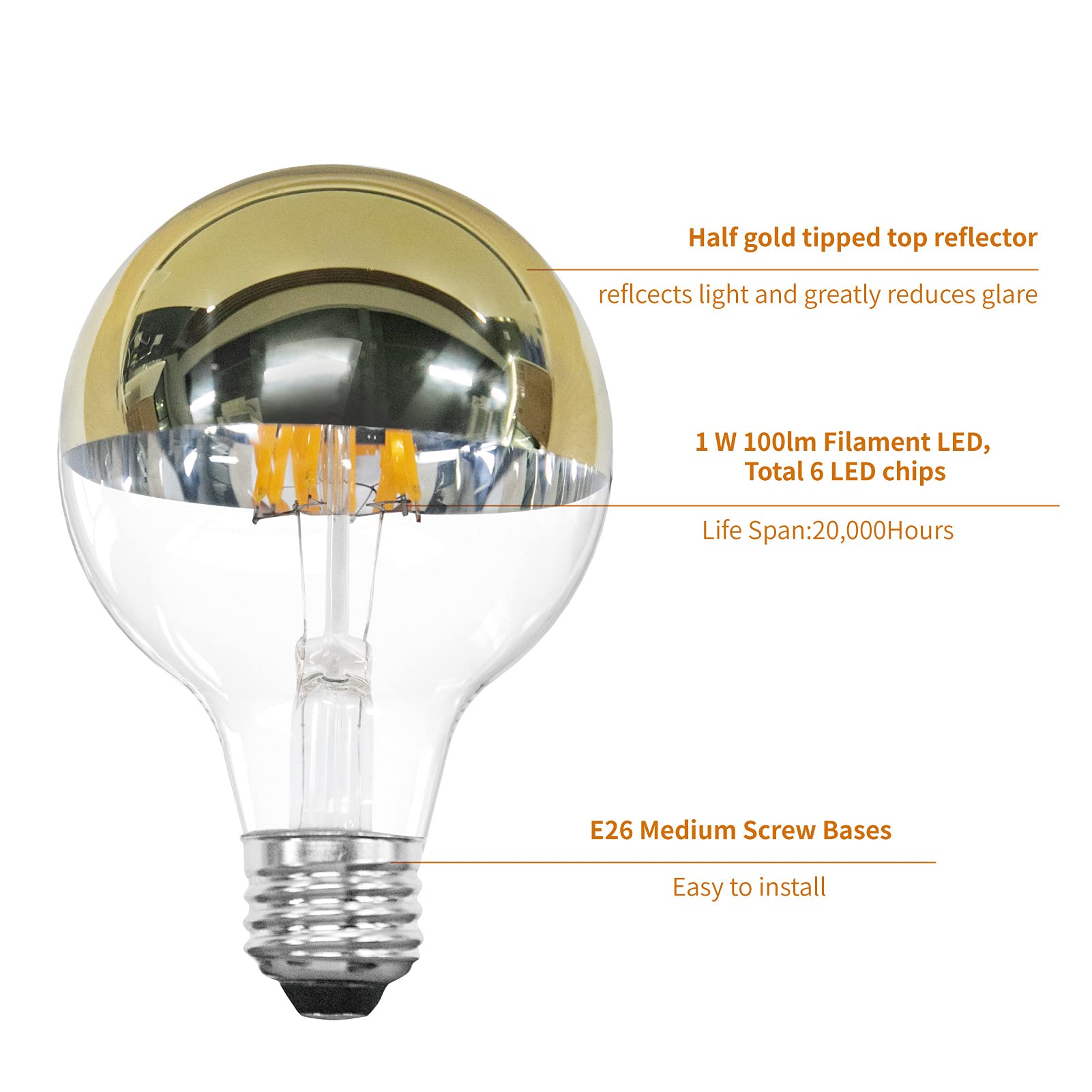 Meconard Half Chrome Decorative Light Bulb, G80/G25 Dimmable E26 Medium Screw Base LED Filament Globe Bulb, 6Watt Equivalent 60Watt, Half Gold Reflected Bulb for Mirror, 2700K Soft White, 2Pack