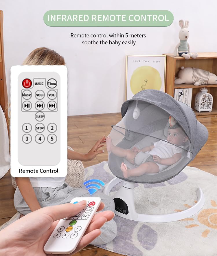 Luxccaiw Baby Swing for Infants,Electric Bouncer for Babies- Bluetooth Touch Screen/Remote ControTiming Function 5 Swing Speeds Baby Rocker Chair with Music Speaker 5 Point Harness Remote Control Gray