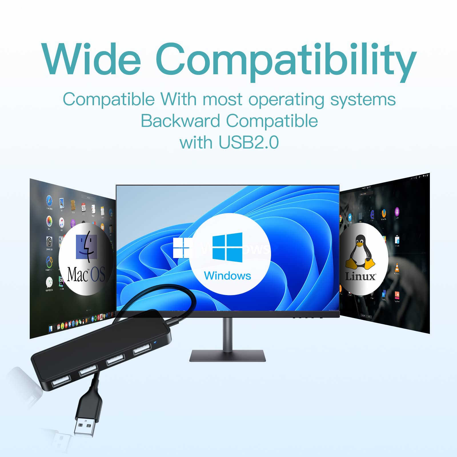 USB Hub, USB Splitter,USB 4-Port Adapter,USB Extender for Laptop, PC, MacBook, Mac Pro, Mac Mini, iMac, Surface Pro and More (Black-USB 2.0/0.3m)