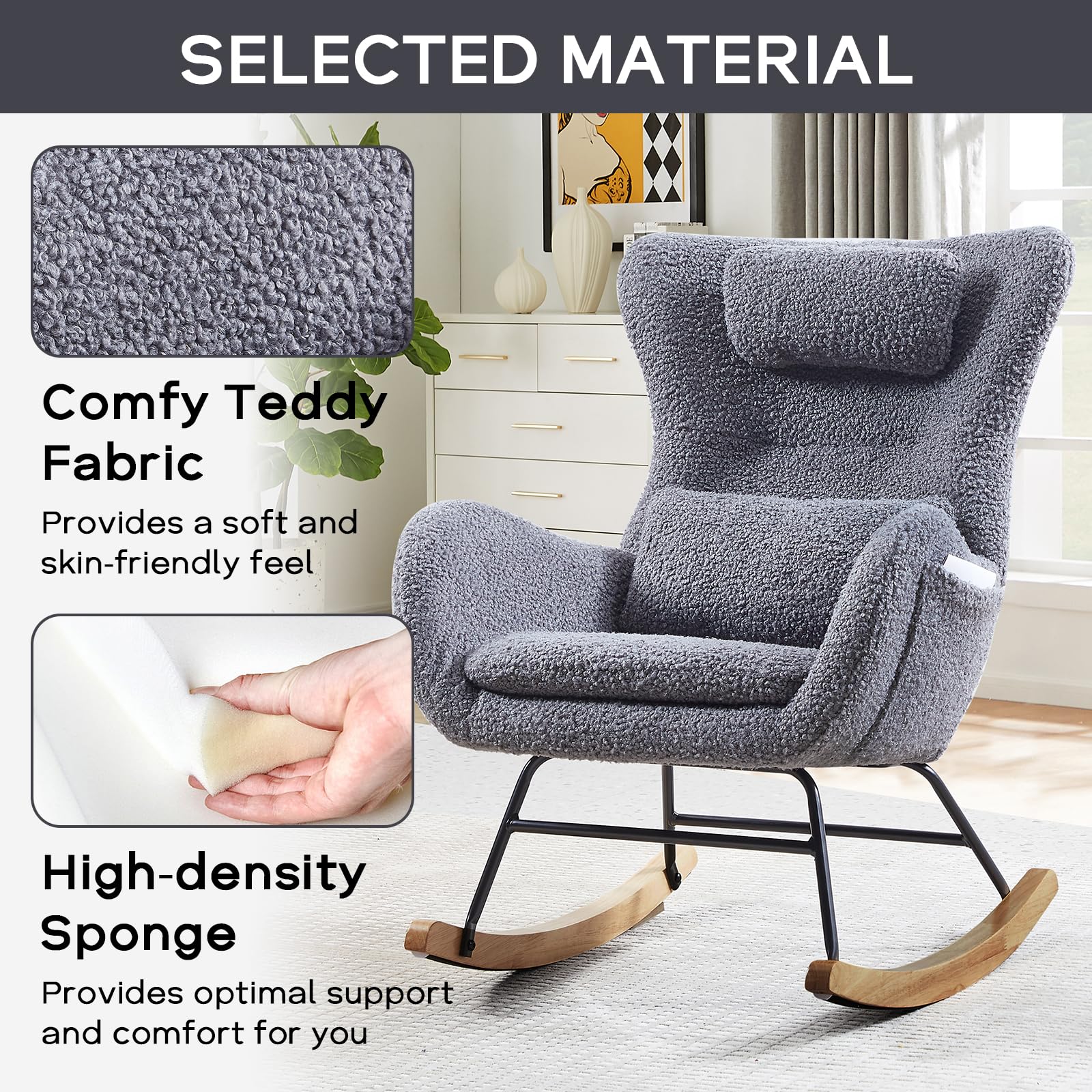 NIOIIKIT Nursery Rocking Chair, Teddy Upholstered Glider Rocker with Headrest and Lumbar Pillow, High Backrest Rocking Accent Chair with Side Pocket, Comfy Armchair for Living Room (Grey)