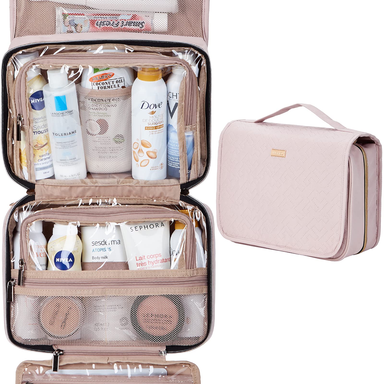NISHEL Travel Toiletry Bag for women, Large Cosmetic Organizer with Rotatable Hanging Hook, Bathroom and Shower Organizer Kit for Brushes, Shampoo, Container, Makeup, Pink