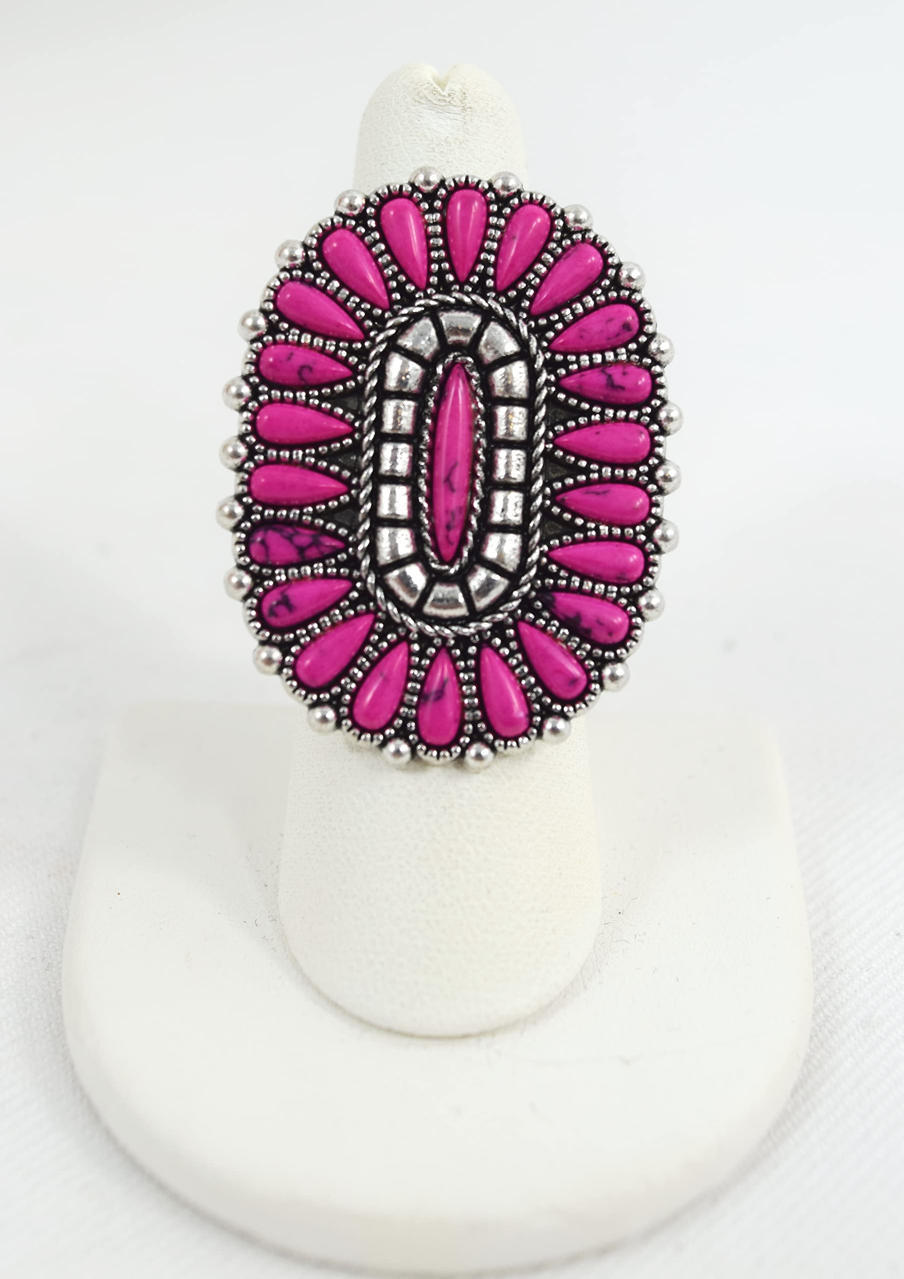 Skelapparel Southwestern Pink Squash Blossom Howlite stone Oversized Statement Fashion Ring
