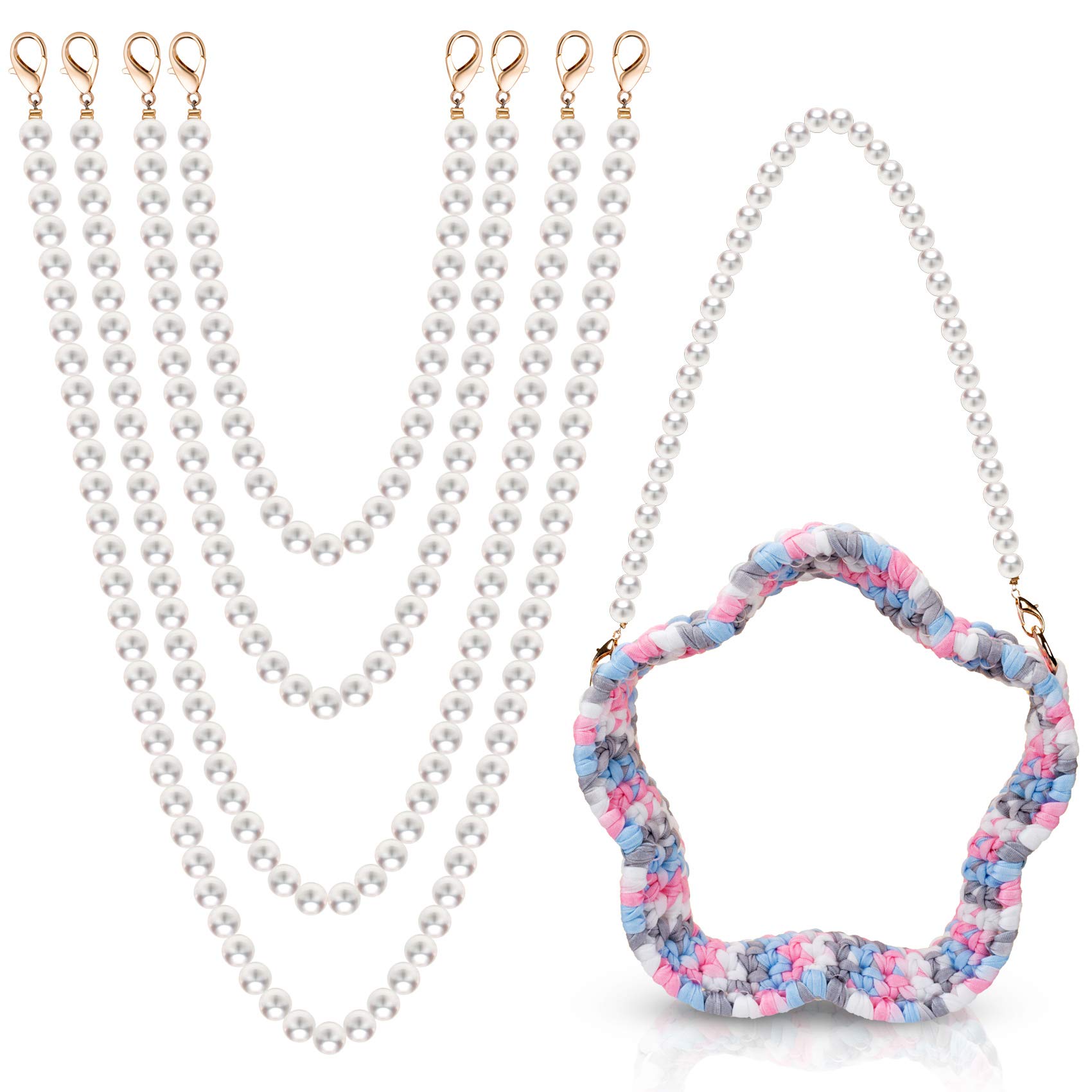 OIIKI 4pcs Imitation Pearl Bead Purse Handle Strap, DIY Round Imitation Pearl Handbag Chain Replacement Short Long Purse Straps Shoulder with Metal Buckles Handbag Chains Accessories for Bag Making