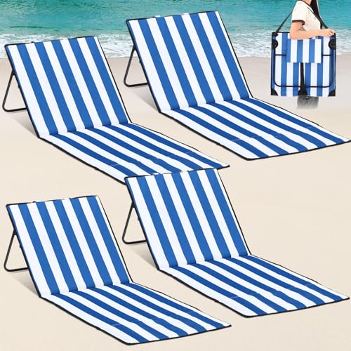 Tinideya 4 Pack Beach Loungers Folding Lightweight Portable Lawn Chair for Outdoor Sunbathing, Patio Chaise Lounge Backpack Camping Chairs (Blue White)