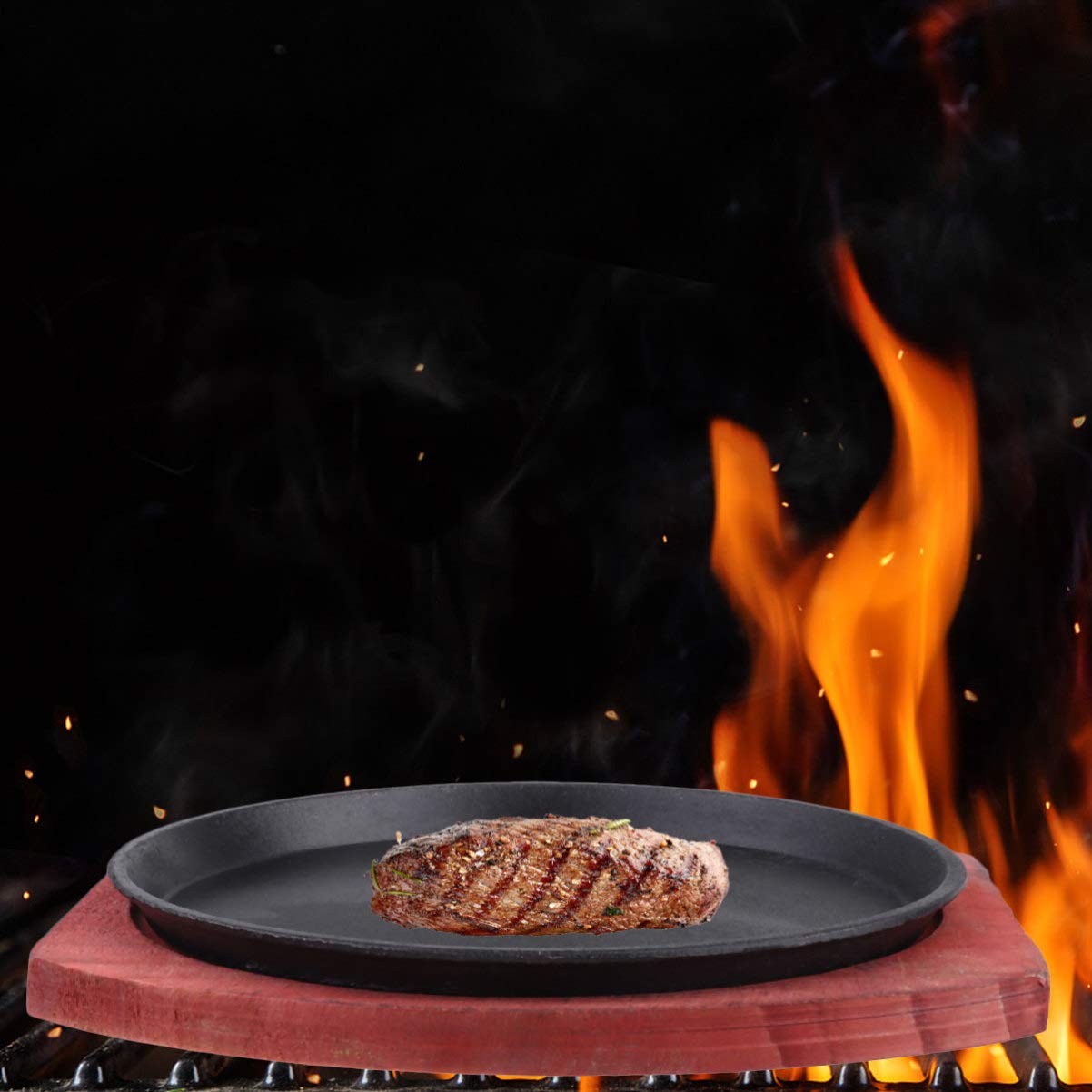 Sizzling Plate With Wooden Base: Cast Iron Steak Plate Metal Steak Serving Platters Teppanyaki Plate Use or Restaurant Supply(Grill Pan Size:19cm/7.4inch)