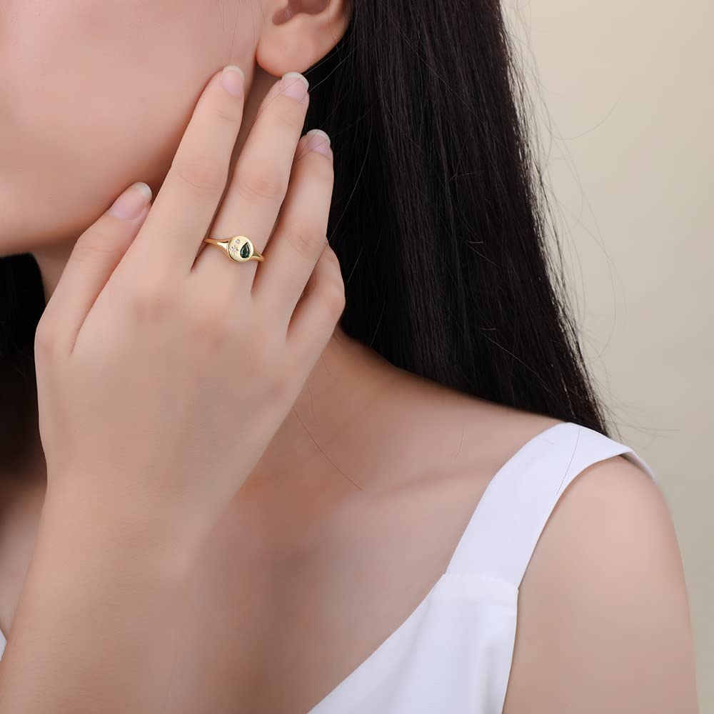 PHNIBIRD Gold Rings for Women with Emerald Green Waterdrop Shape CZ and Octopus Stars