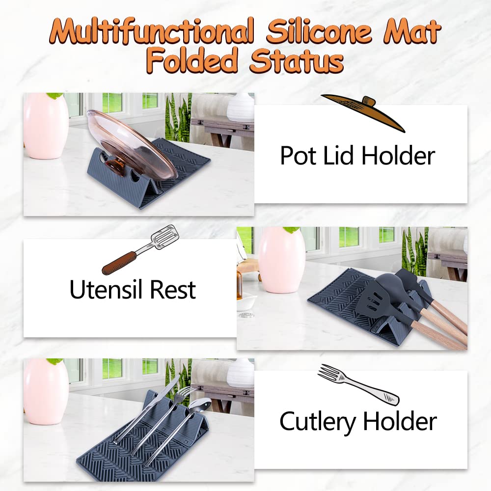Silicone Utensil Rest - Spoon Rest with Drip Pad for Stove Top, Heat Resistant BPA Free Spoon Holder for Spatula, Brush, Fork - Multifunctional & Foldable Silicone Dish Drying Mat for Kitchen Counter