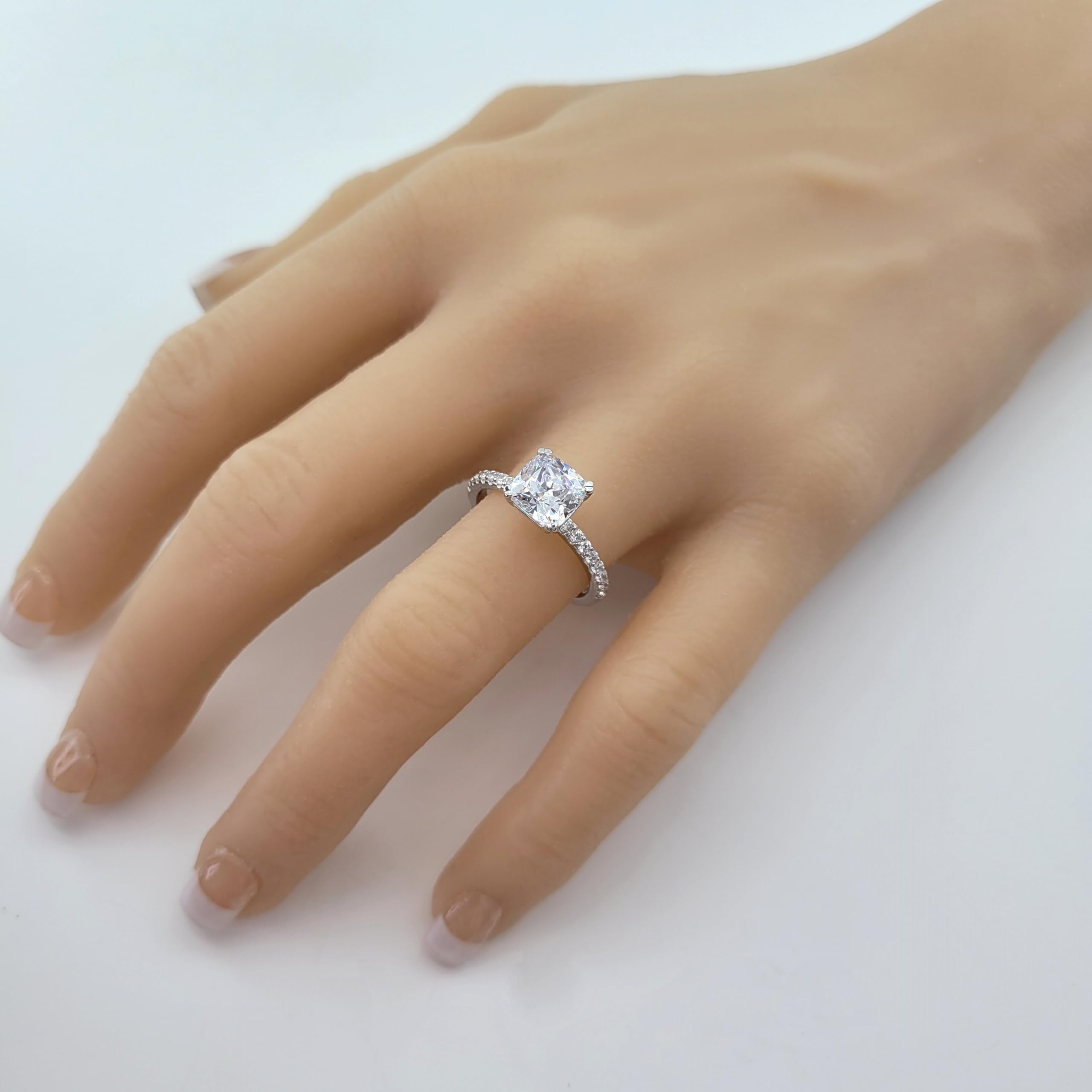 NANA Jewels Silver 7mm (2ct) Cushion Cut Pure Brilliance Zirconia Solitaire w/sides Eng Ring-Rhodium Plated-Size 7