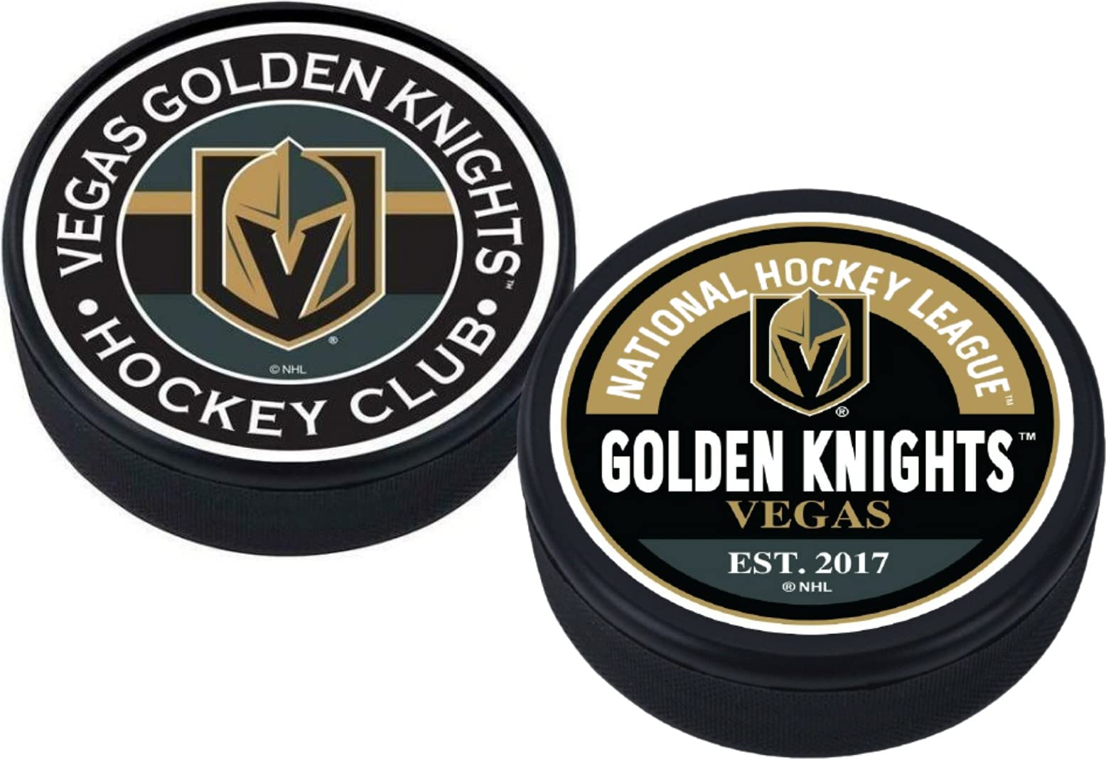 Mustang Product Vegas Golden Knights 3D Textured Souvenir Hockey 2-Puck Pack (Block & Striped)