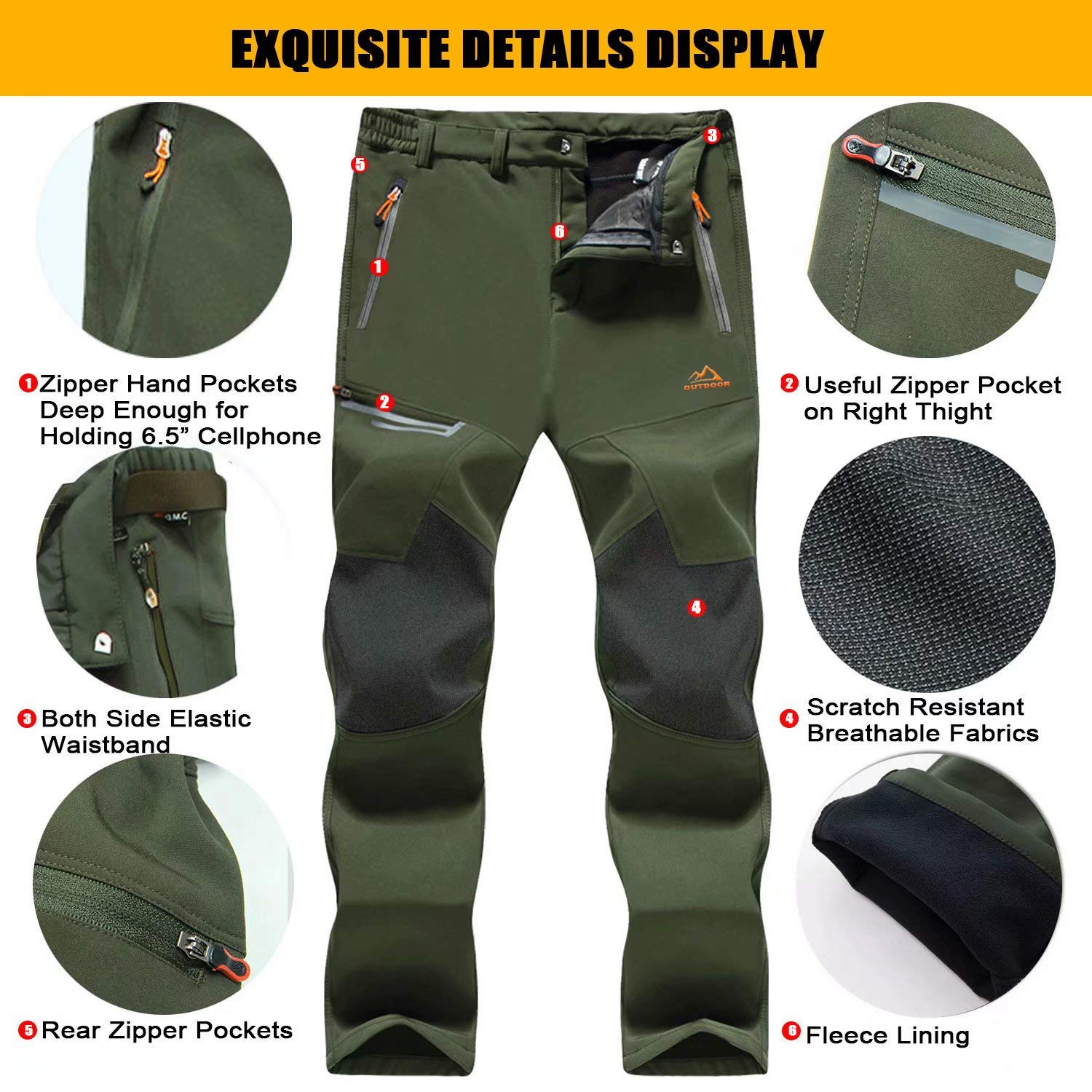 MAGCOMSEN Waterproof Pants for Men Hiking Pants Mens Work Pants Men Fleece Lined Pants Ski Pants Snow Pants Winter Pants Men Snowboard Pants Climbing Pants Softshell Pants for Men Green