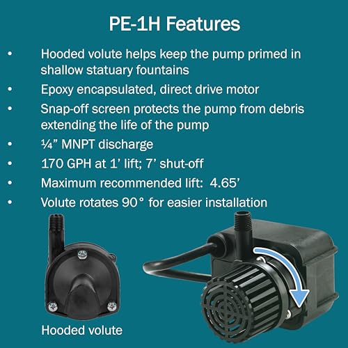 Little Giant PE-1H 115-Volt, 1/125 HP, 170 GPH Epoxy Encapsulated Small Submersible Direct Drive Pump with Hooded Volute, 6 Ft. Cord, Black, 518203