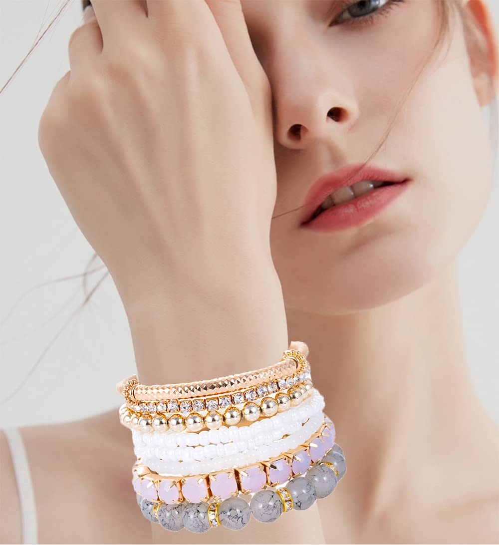 SAMOCO 4-6 Sets Bohemian Stackable Bead Bracelets for Women Multicolor Stretch Beaded Bracelets Layered Bead Adjustable Bracelet Pink Black Turquoise Stretch Bracelets