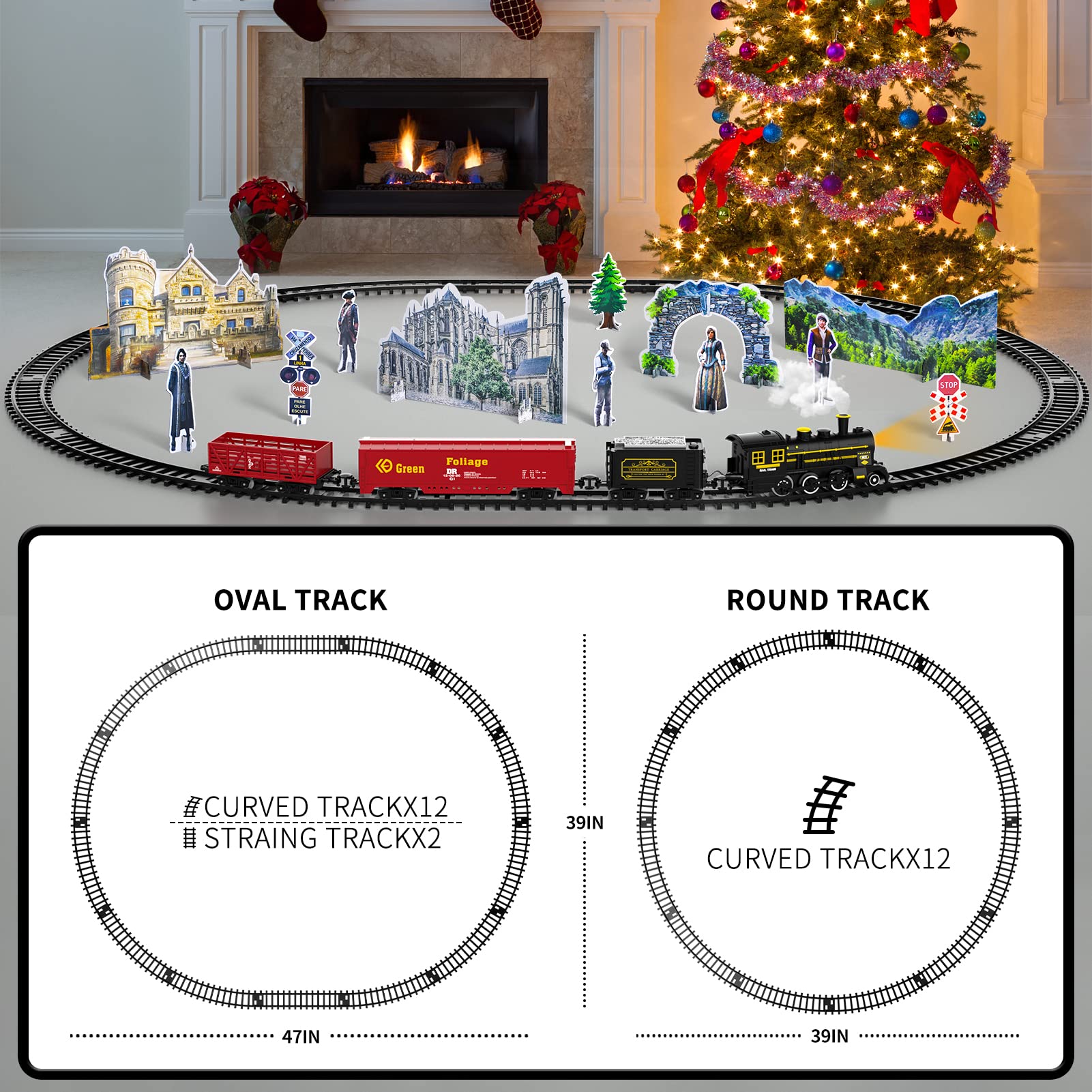 Lucky Doug Christmas Train Set Toys for Kids, Electric Toy Train Set W/Smokes, Light & Sound Include 4 Cars and 14 Tracks, Train Set Toys