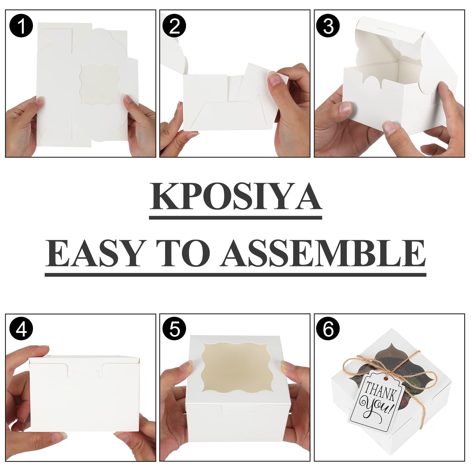 KPOSIYA 60 Pcs White Bakery Boxes with Window 4x4x2.5 Inches Cookie Boxes Kraft Paper White Gift Box for Pastries, Cookies, Pie, Donuts, Macaron, Small Box with Twine and Thank You Tag(White,60)