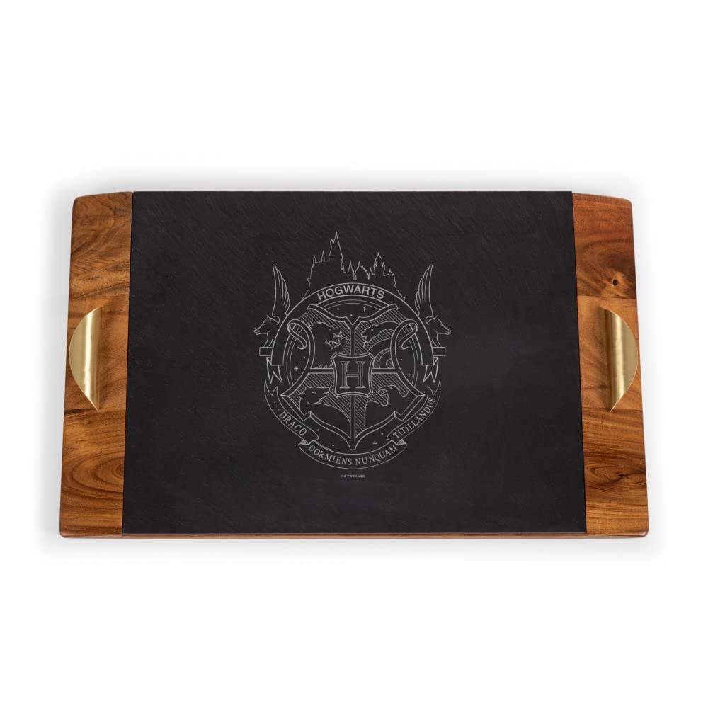 PICNIC TIME Harry Potter Hogwarts Covina Acacia and Slate Serving Tray, Charcuterie Board Set, Cheese Board, (Acacia Wood & Slate Black with Gold Accents)