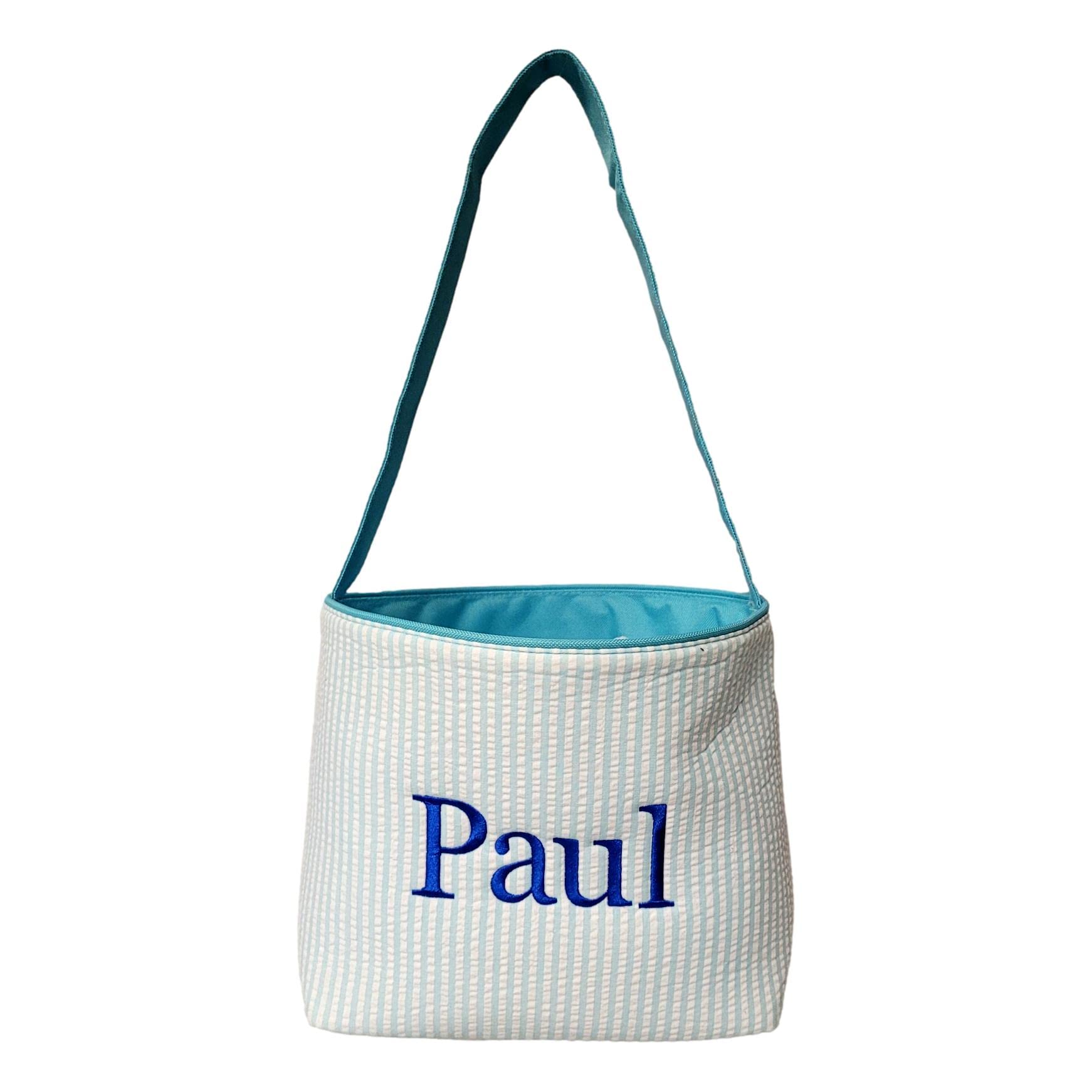 SONA G DESIGNS Seersucker Stripe Fabric Easter Basket Bucket Tote Bag - Toys Egg Collecting (Aqua with Embroidered Name)