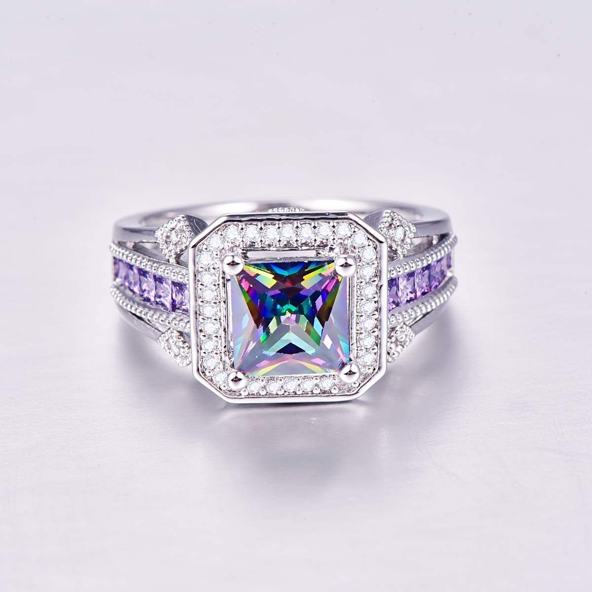 Momius 925 Silver Created-Rainbow Topaz Princess Cut CZ Halo Triple Row Wedding Band Engagement Ring for Women Size 6¡