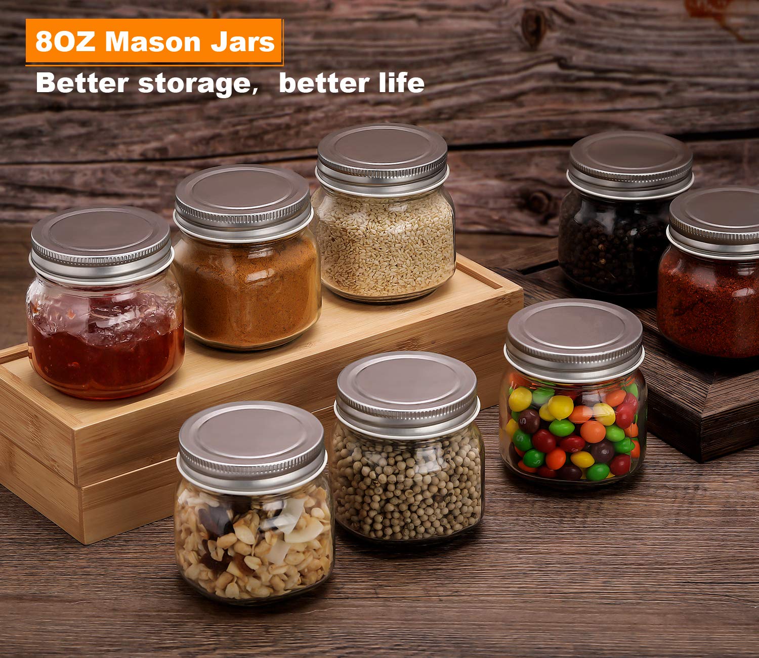 Rainforce Small Glass Mason Jars 8 oz 30 Pack With Silver Lids -1/4 Quart Canning/ Storage Pickling Jars For Jelly, Jam, Honey, Pickles and Spice With Free 30 Chalkboard Labels