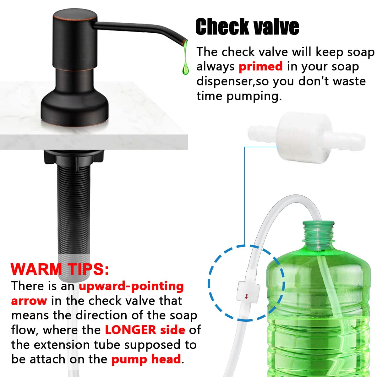 Soap Dispenser Extension Tube Kit with Check Valve, 47" Under Counter Soap Dispenser Tube for Kitchen Sink, Fit Most Soap Containers, Powerful Suction, Never Fill The Little Bottle Again SonTiy
