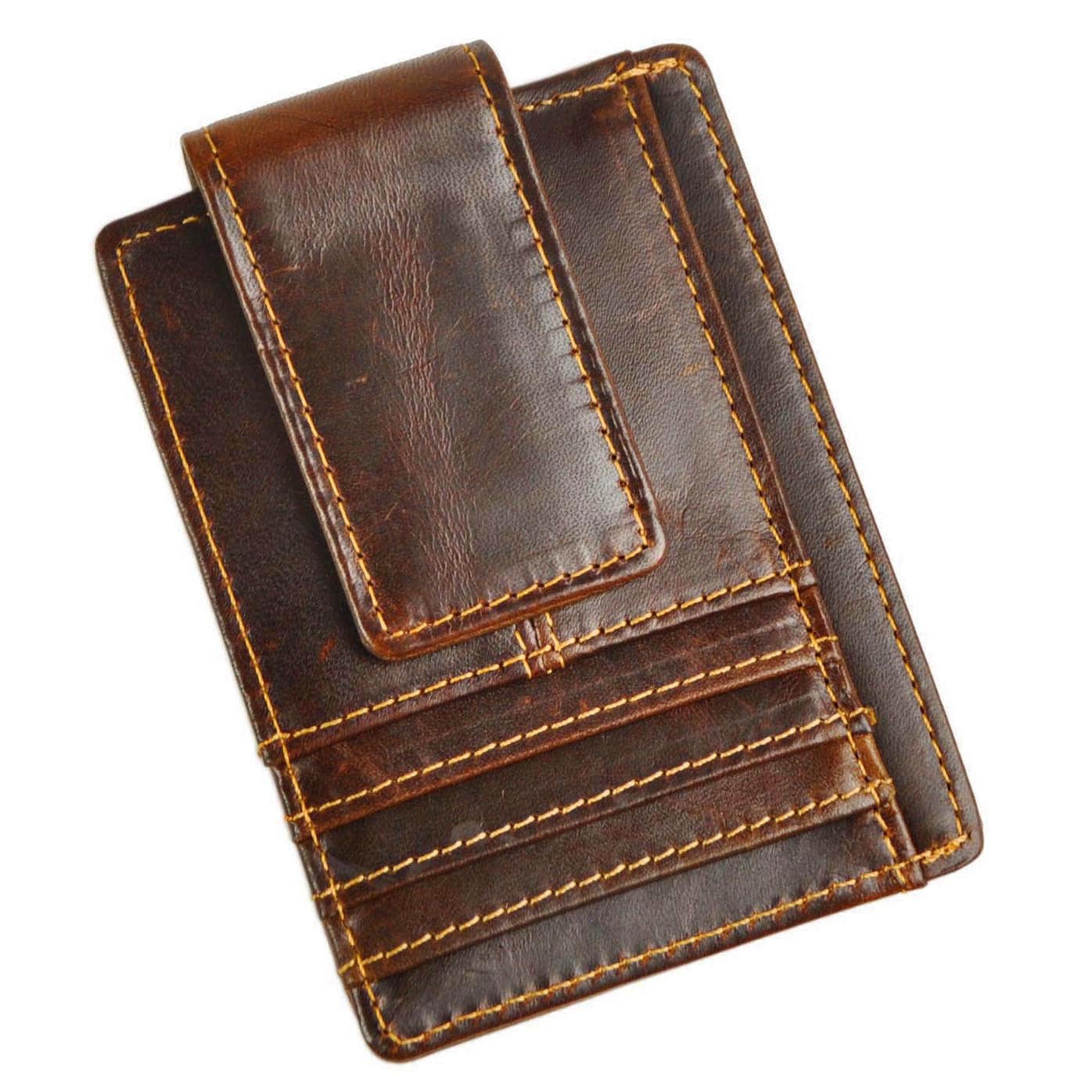 Le'aokuu Genuine Leather Magnet Money Clip Credit Card Case Holder Slim Handy Wallet (Light Brown 2)