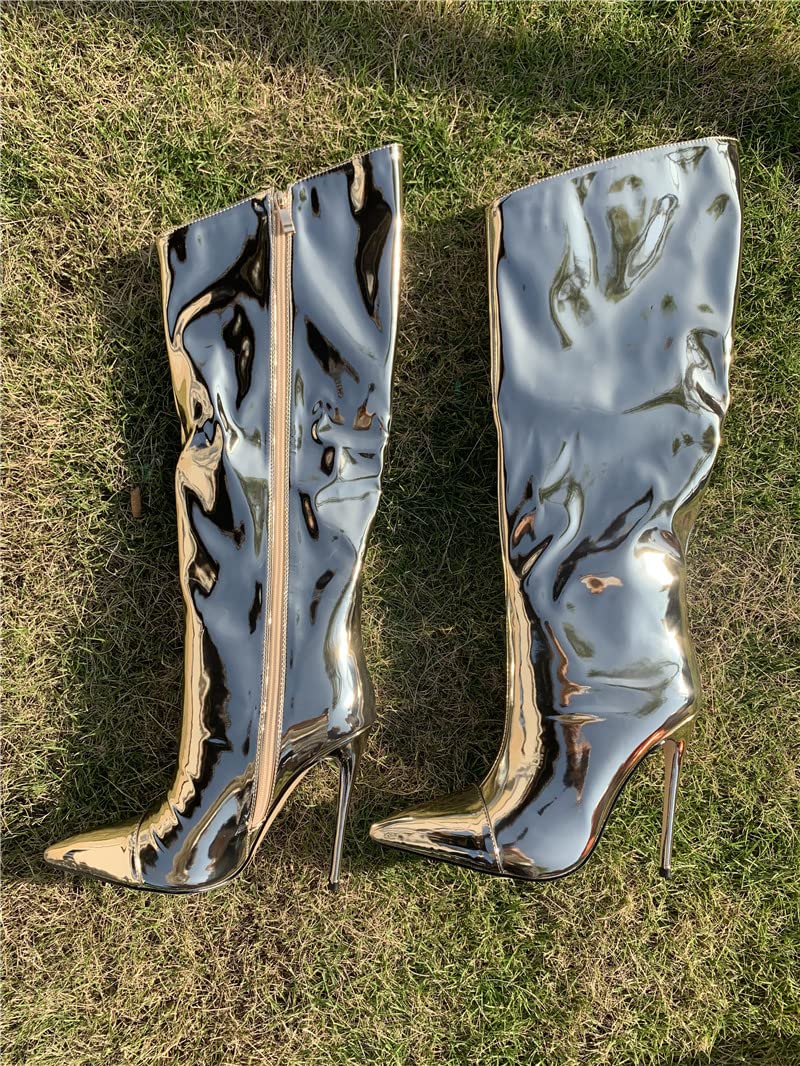 MissHeel Silver Metallic Knee High Boots Sexy Patent Leather Stiletto High Heels Boots for Women Slouch Wide Calf Boots Pointed Toe Size 7