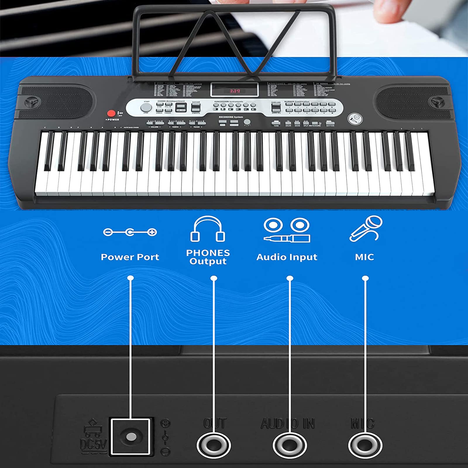 SKONYON 61 Key Keyboard Piano with Light Up Keys Electric Piano Keyboard for Beginners with Speakers Musical Keyboard Stand, Bench, Headphones, and Microphone