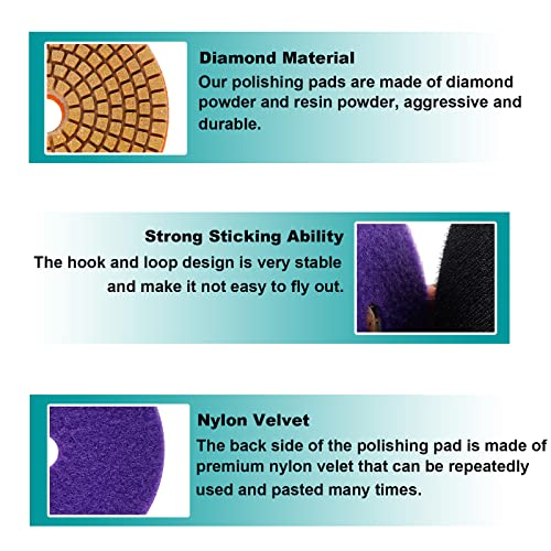 Toolly 12 Pack 4 inch Diamond Polishing Pads Set Wet/Dry Polishing Kit 10pcs 50#-3000# Grit Pads with 2pcs Hook and Loop Backer Pads for Granite Stone Concrete Marble Floor Grinder or Polisher