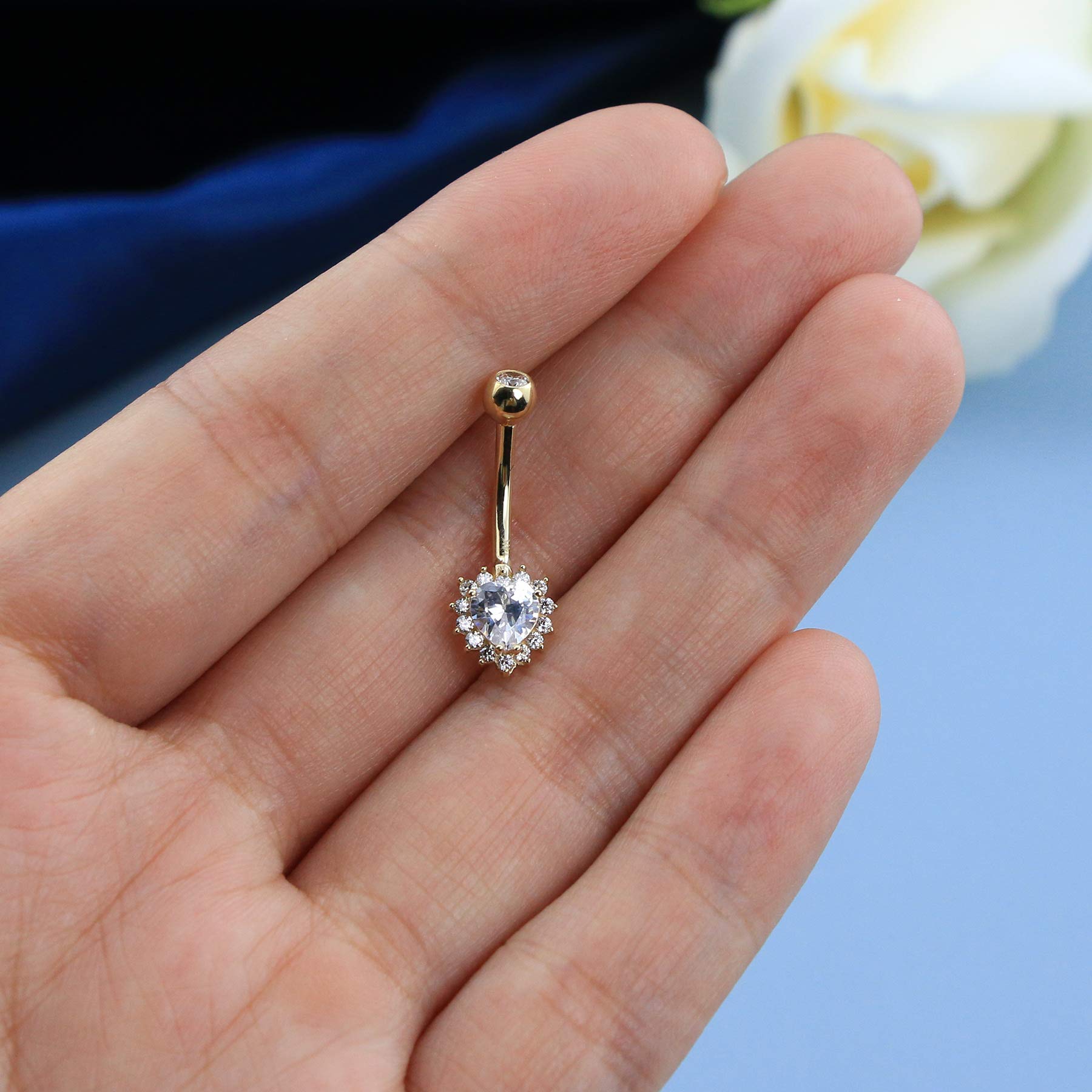 OUFER 14K Solid Gold Heart Belly Button Piercing Small Sun Flower Navel Button Ring Clear 5A Cubic Zirconia Design Belly Rings Piercing Jewelry